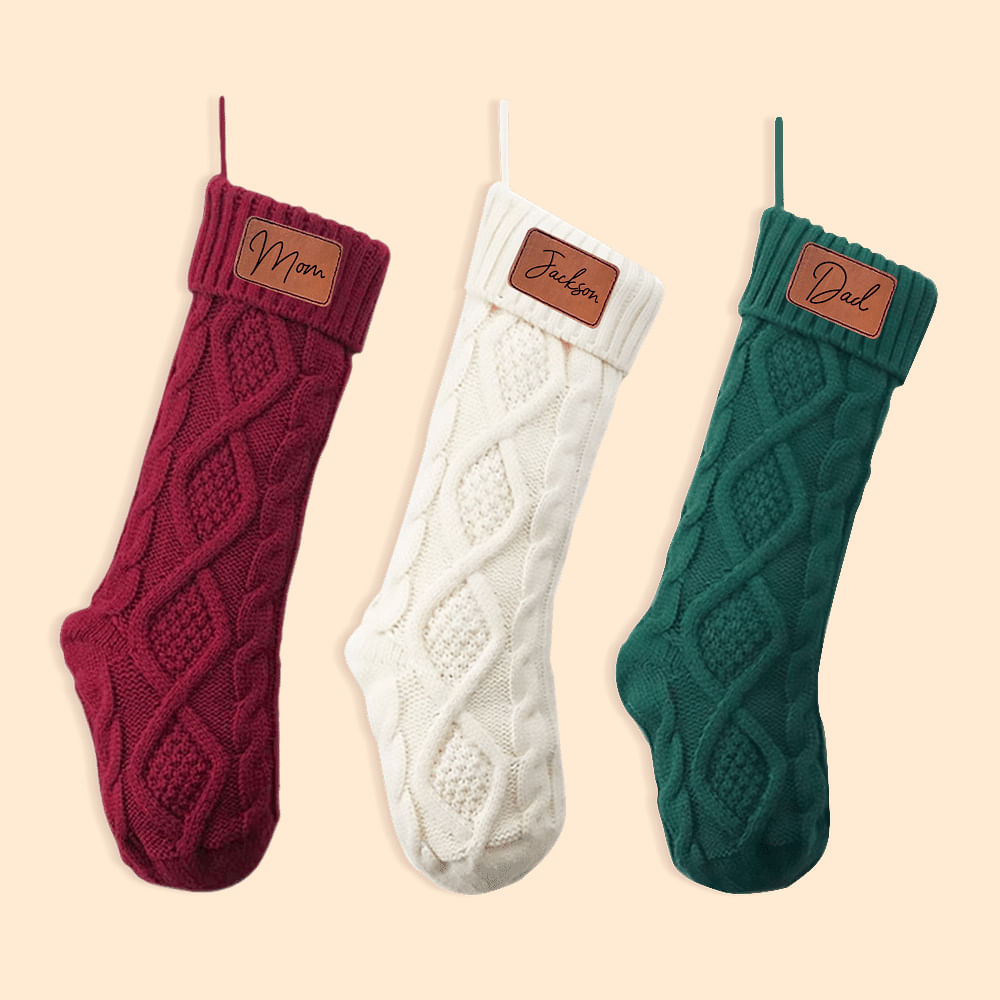 Personalized Christmas Knitted Stocking with Name Patch Rustic Hanging ...