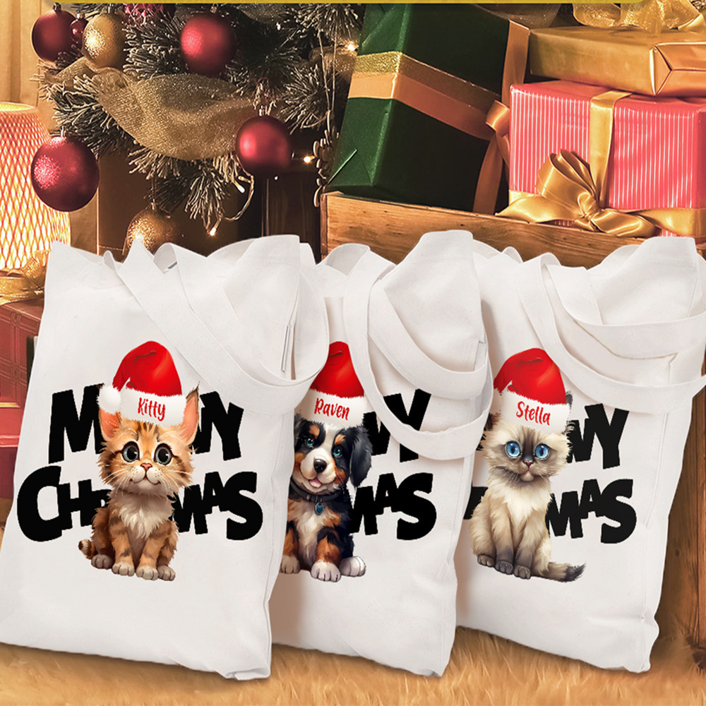 Personalized Meowy Christmas Tote Bag Handbag Dog Cat in Santa Hat ...