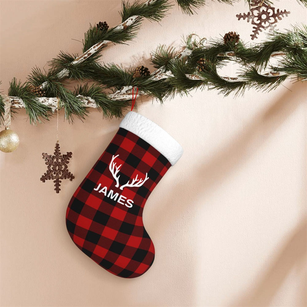 Personalised Buffalo Plaid Christmas Stocking with Name Bear Elk Deer ...