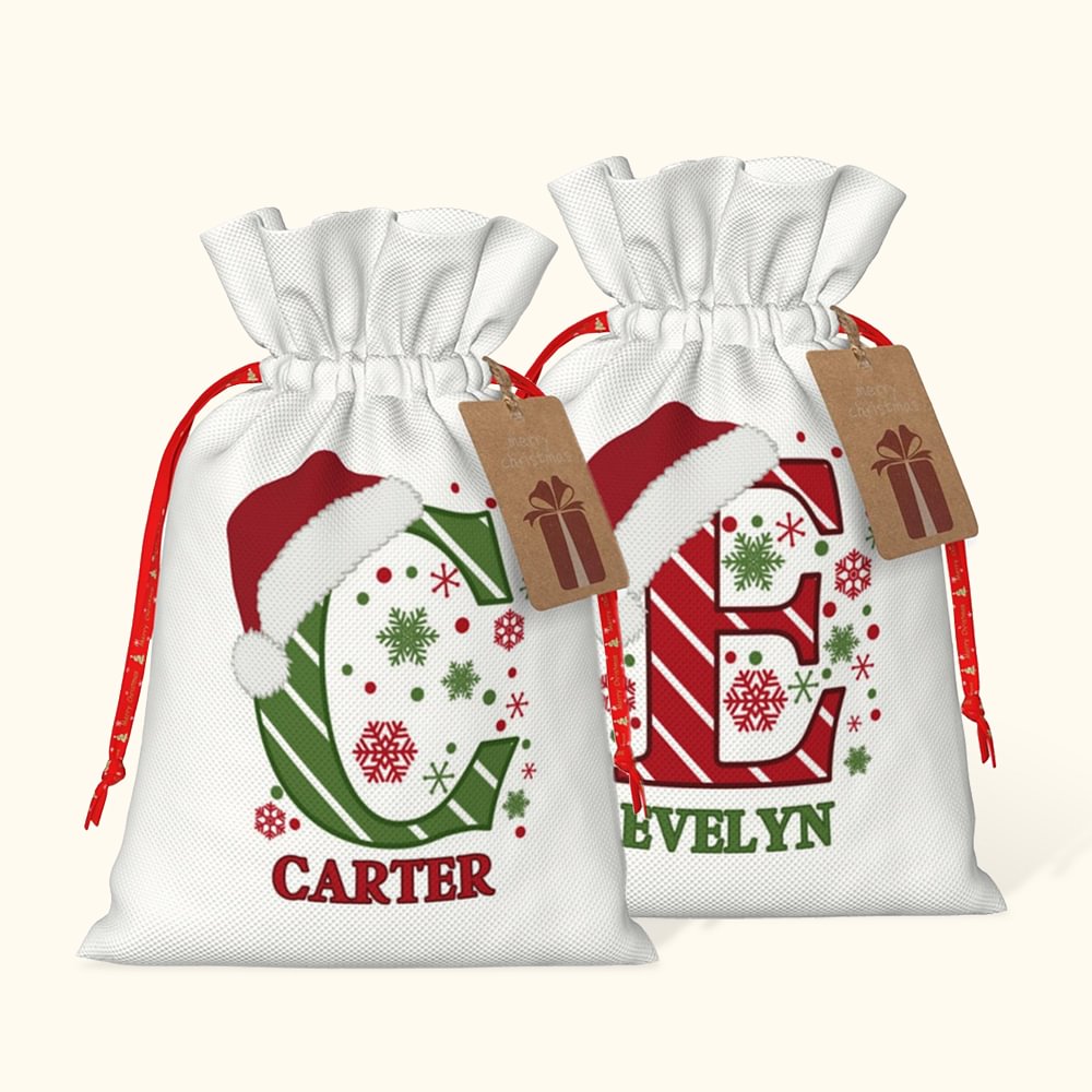 Personalized Christmas Initial Drawstring Gift Bag with Name and Hang ...