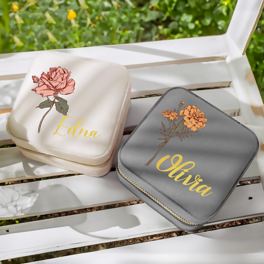 Personalized Velvet Birth Flower Portable Jewelry Box Travel Case with ...