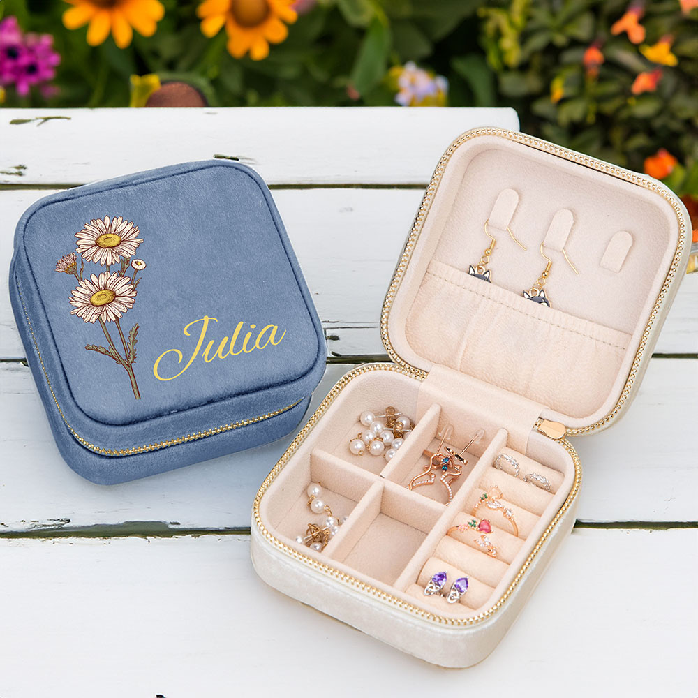 Personalized Velvet Birth Flower Portable Jewelry Box Travel Case with ...