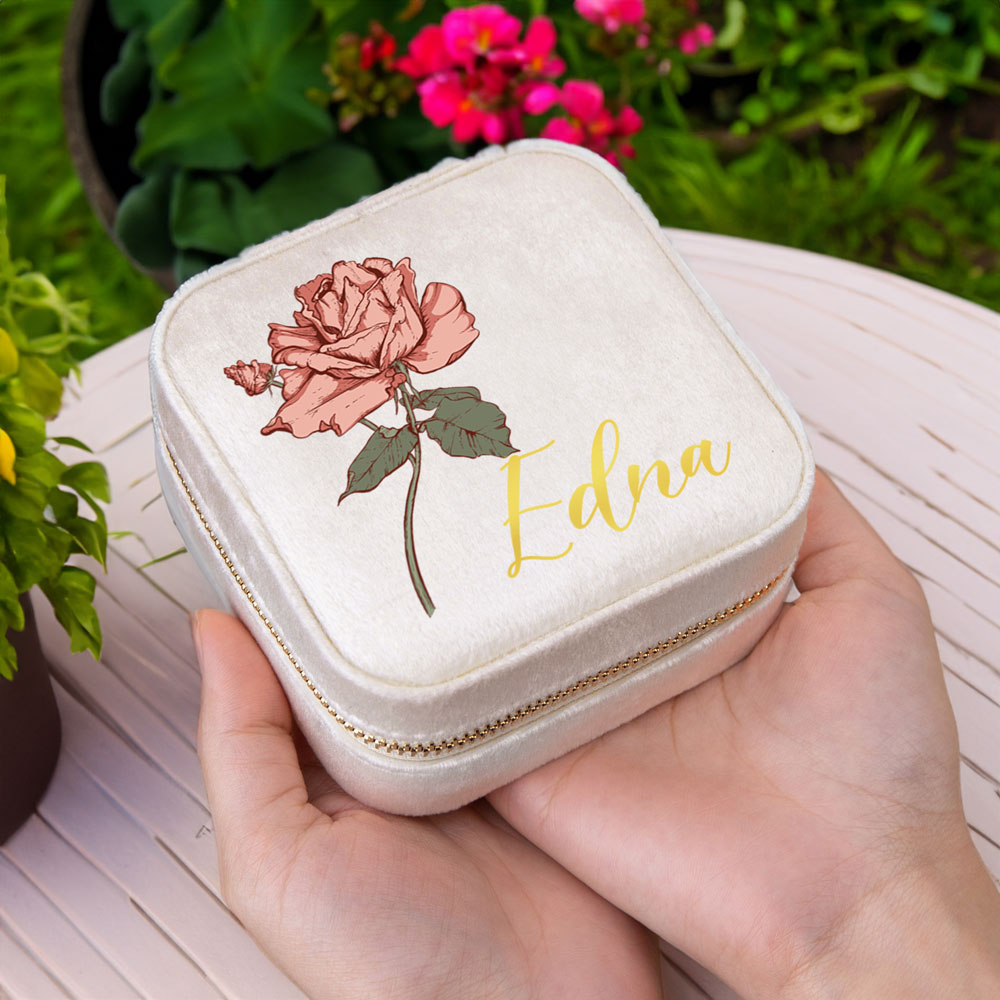 Personalized Velvet Birth Flower Portable Jewelry Box Travel Case with ...