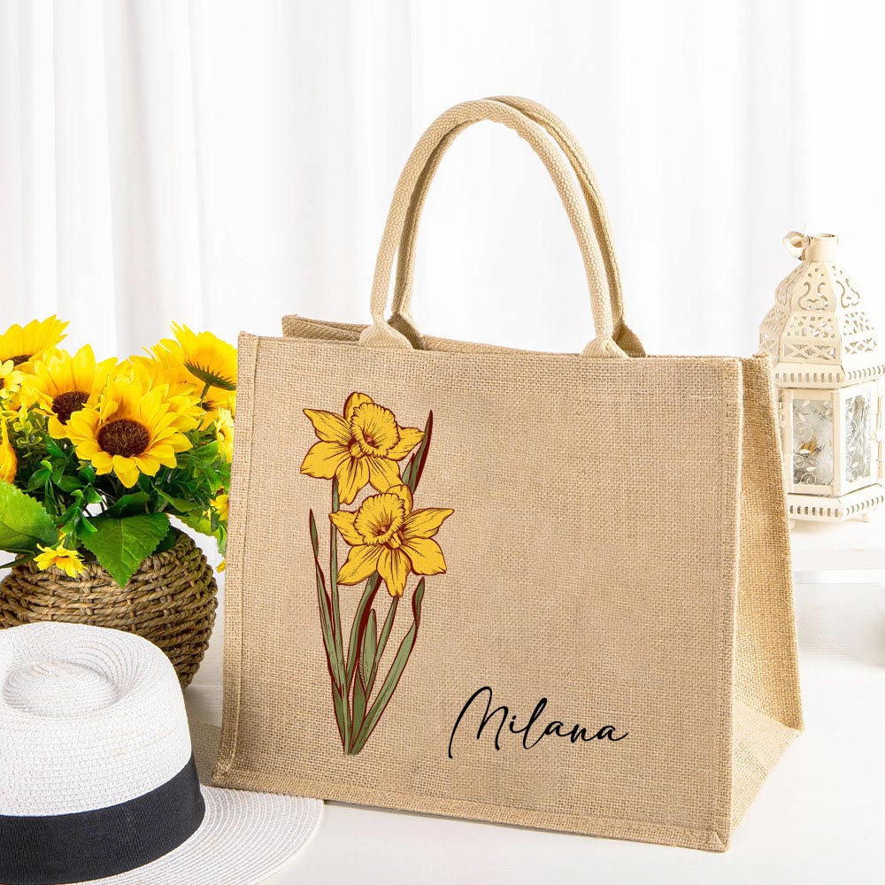 Personalized Birth Flower Large Beach Jute Tote Bag with Name Mother's ...