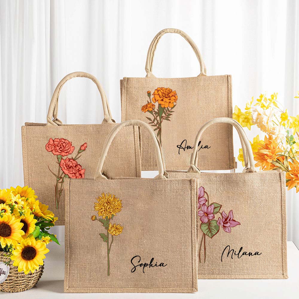 Personalised Birth Flower Beach Jute Tote Bag with Name Birthday ...