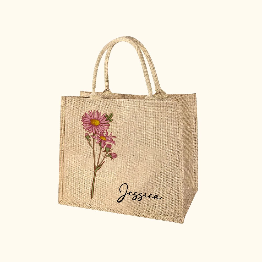 Personalisierte Jute Tasche Geburt Blume mit Namen Strand Geburtstag ...