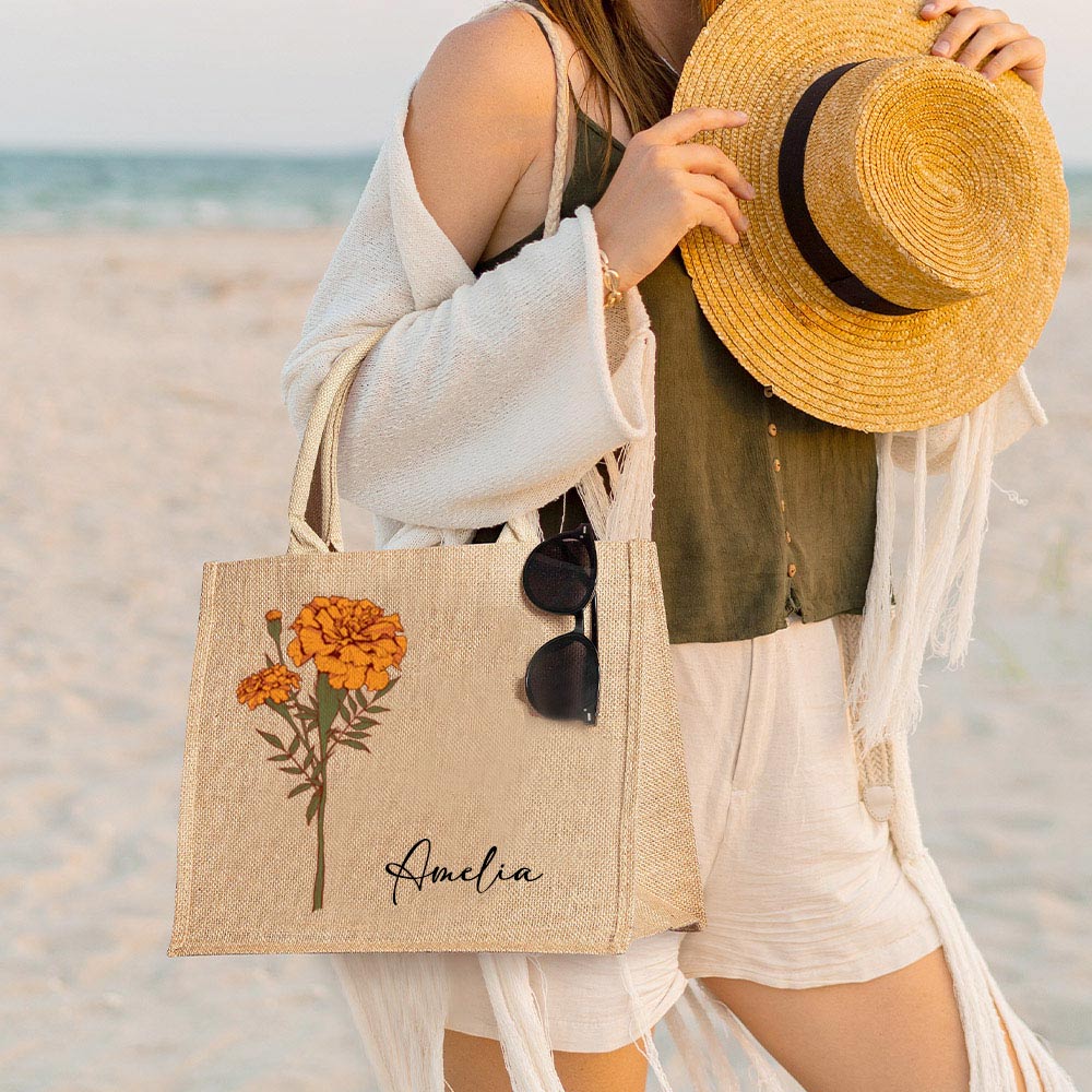 Personalized Birth Flower Large Beach Jute Tote Bag with Name Mother's ...