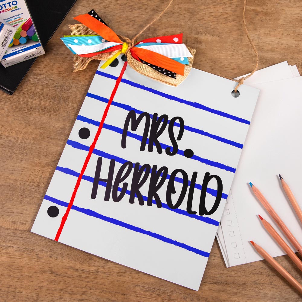 Personalized Notebook Paper Design Wooden Teacher Door Sign with Name ...