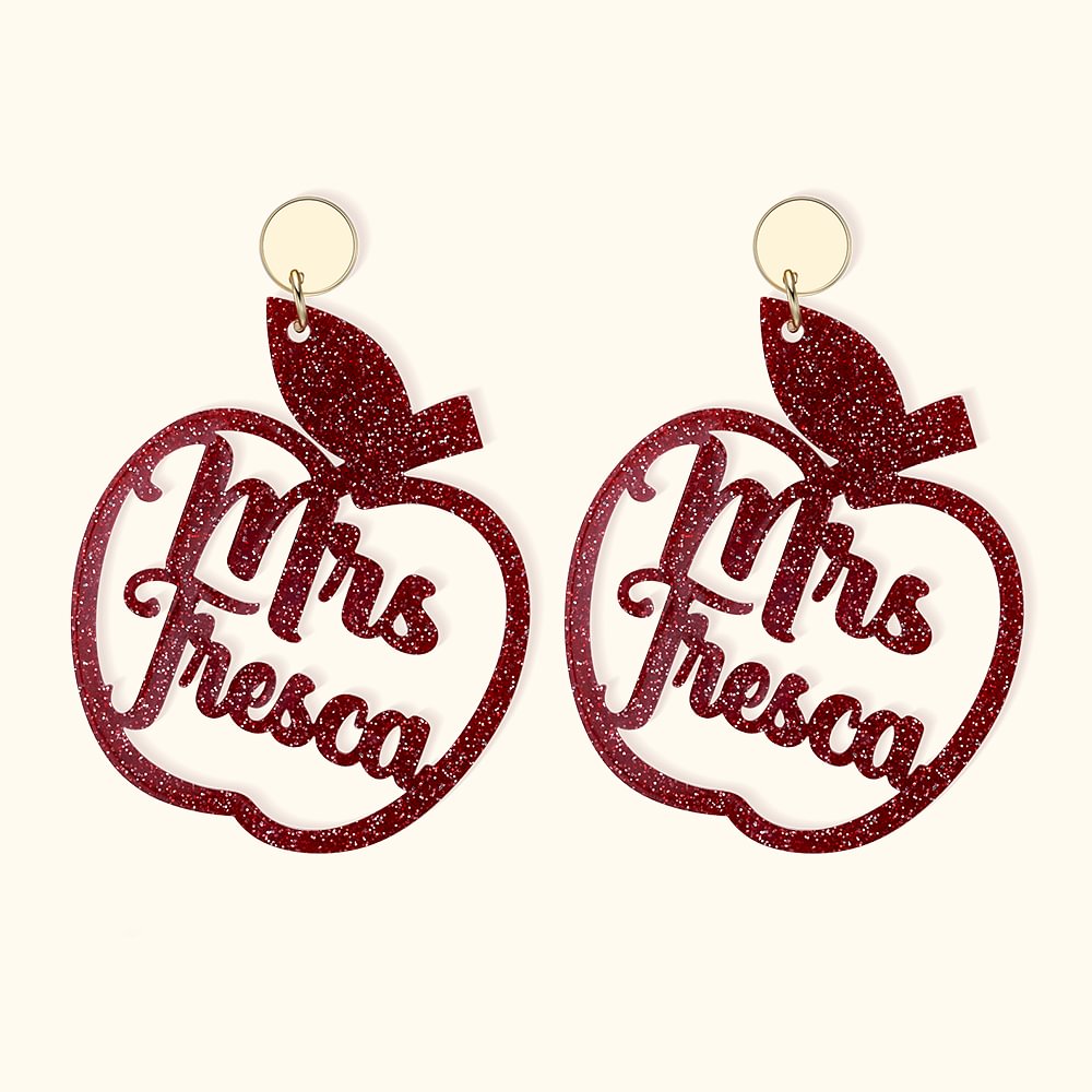 Personalised Pair of Teacher Apple Glitter Acrylic Dangle Earrings Jewellery Accessory with Name ...