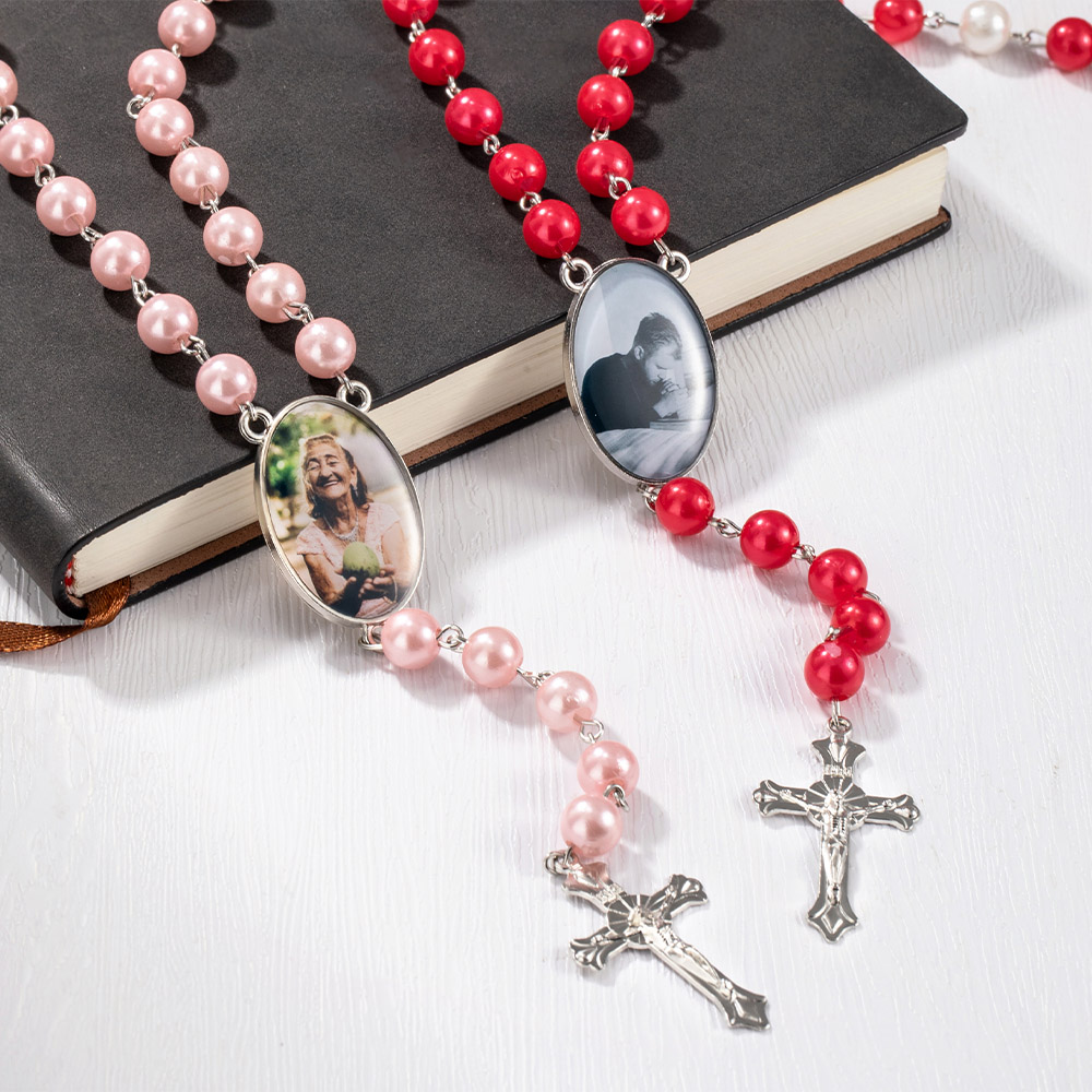 Personalized Multi-Color Rosary Beads Cross Necklace with Photo ...