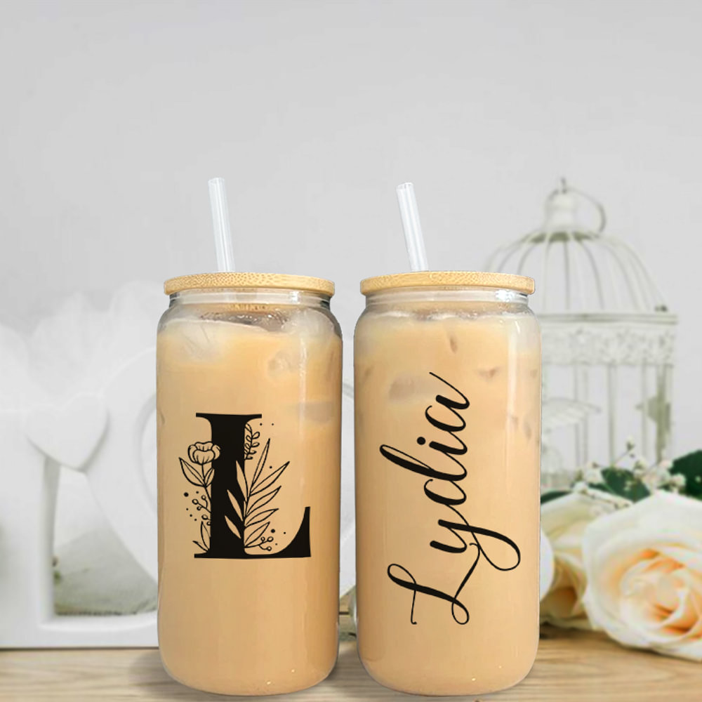Personalized Flower Initial 20oz Glass Cup with Bamboo Lid and Straw ...