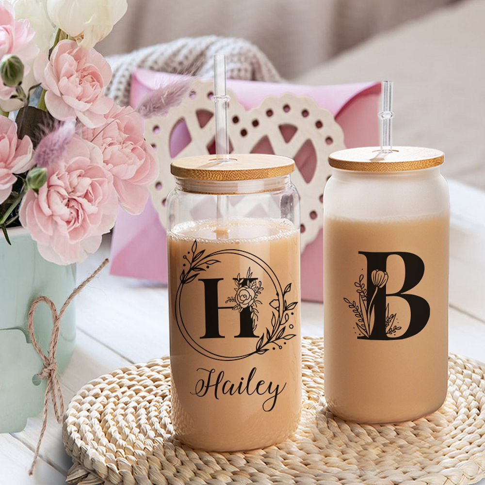 Personalized Flower Initial 20oz Glass Cup with Bamboo Lid and Straw ...