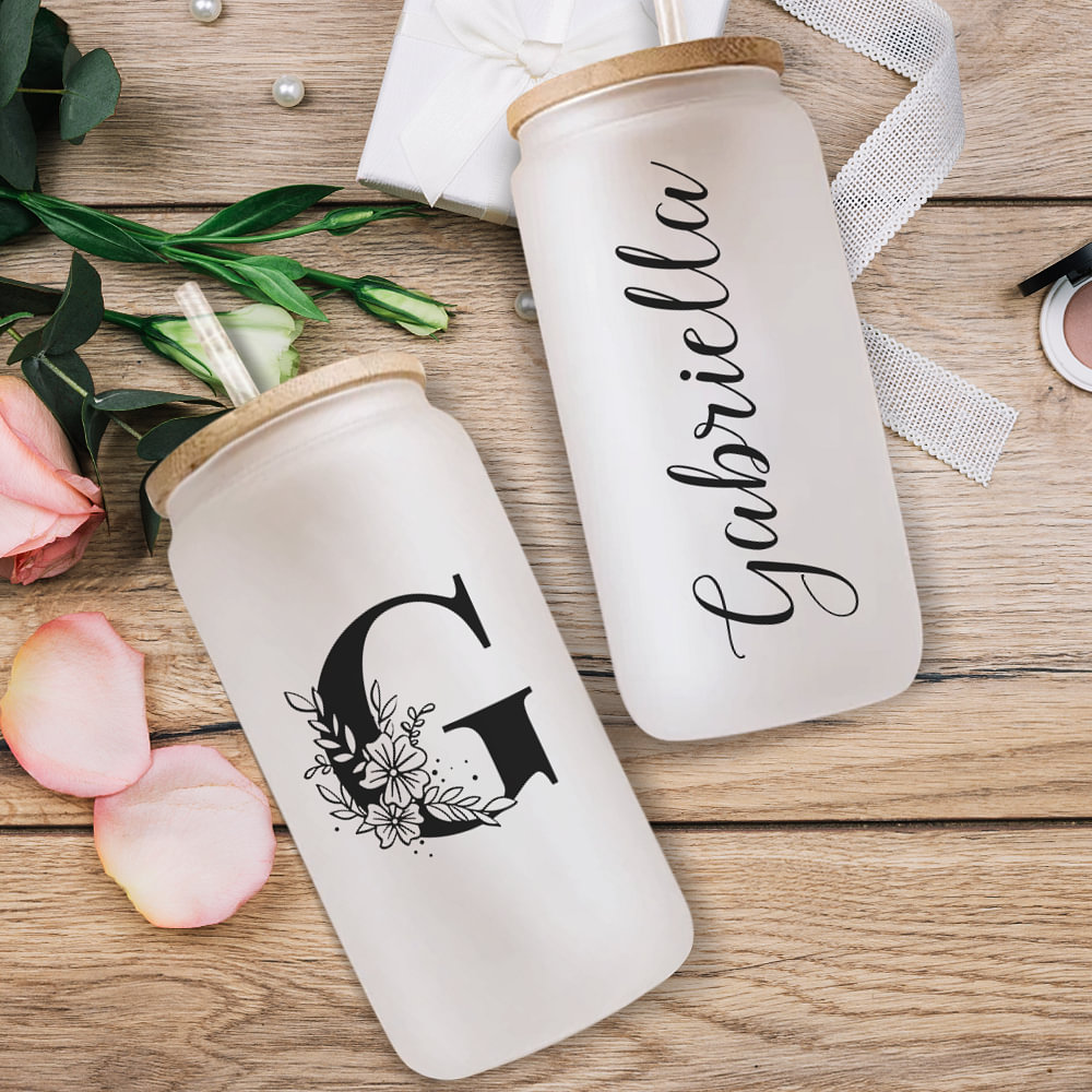 Personalized Flower Initial 20oz Glass Cup with Bamboo Lid and Straw ...