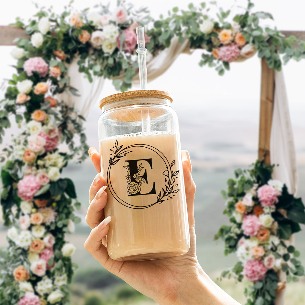 Personalized Flower Initial 20oz Glass Cup with Bamboo Lid and Straw ...