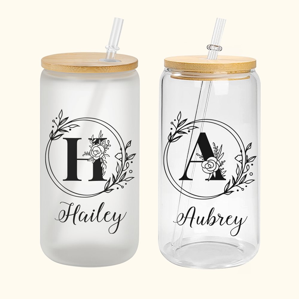Personalized Flower Initial 20oz Glass Cup with Bamboo Lid and Straw ...