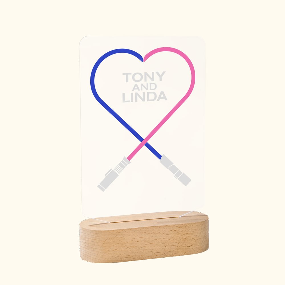 Personalised Lightsaber Heart LED Night Light with Wood Base Home ...