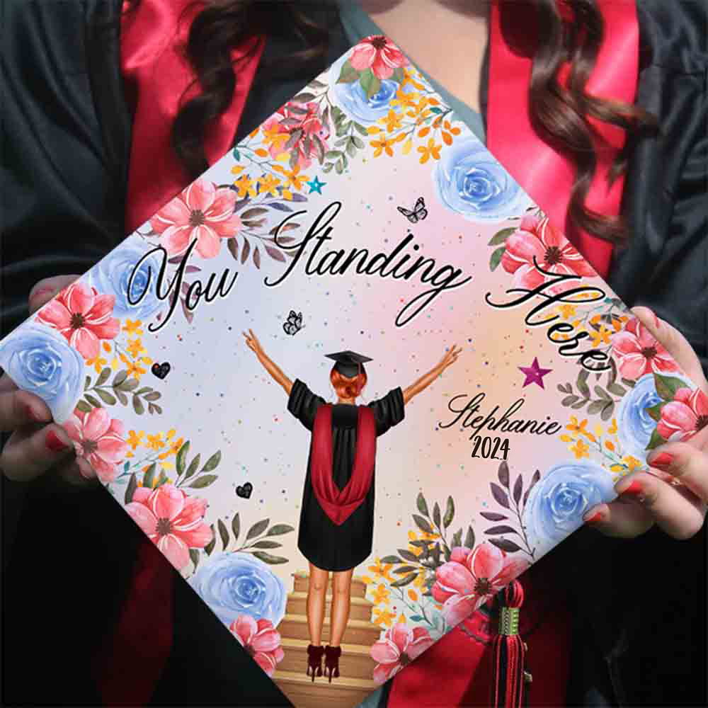Personalized Back Silhouette Floral Grad Cap Decor with Name and Year ...