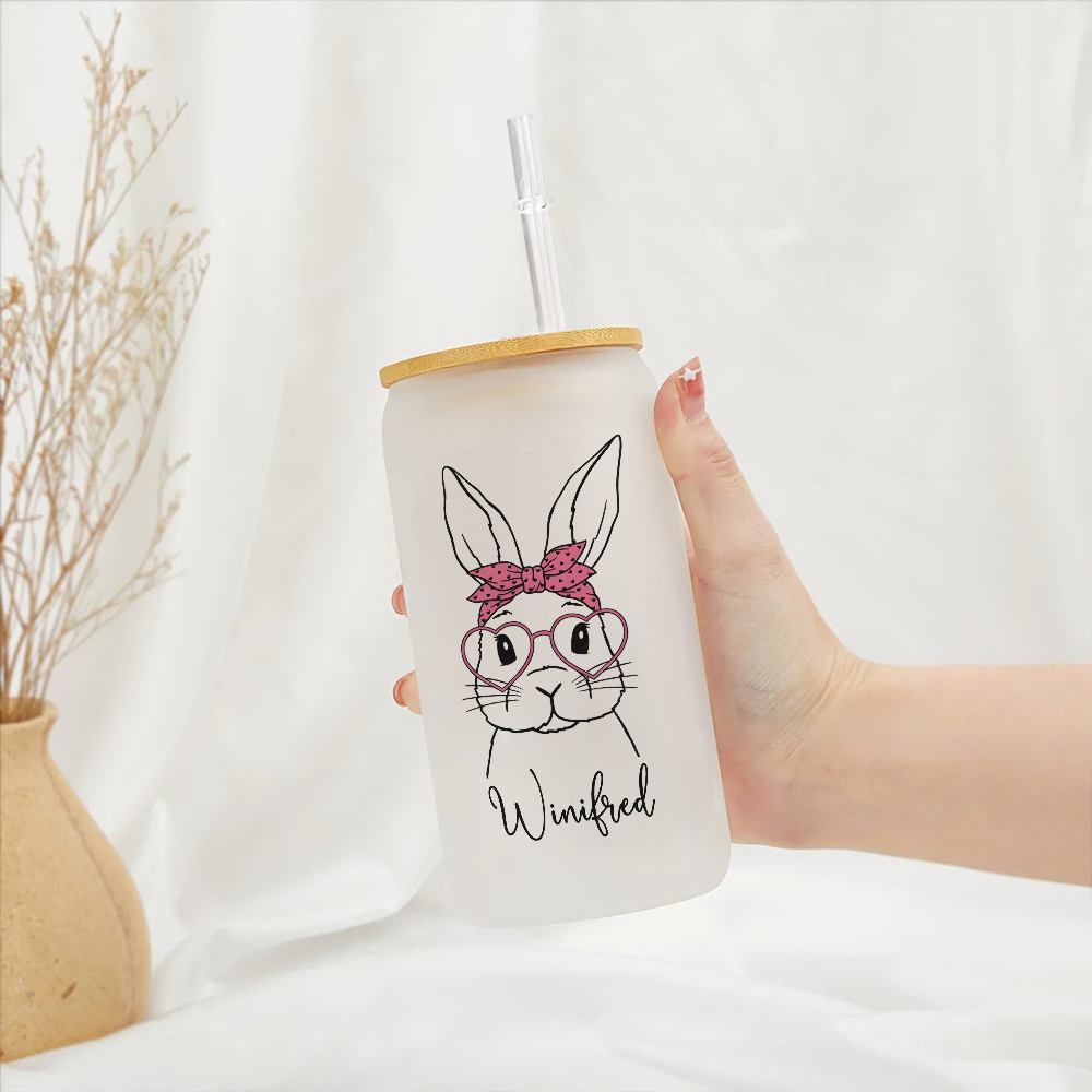 Personalized Cute Easter Bunny 20oz Name Glass Cup with Bamboo Lid and ...