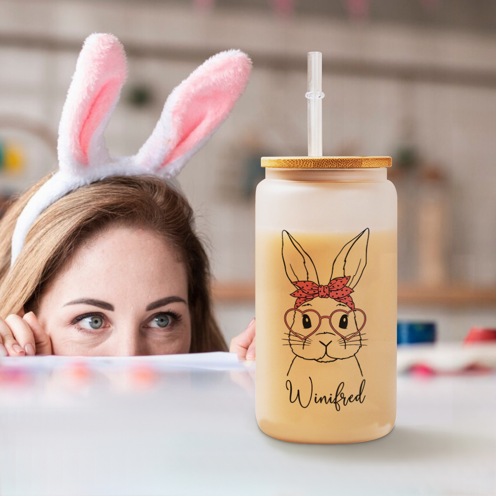 Personalized Cute Easter Bunny 20oz Name Glass Cup with Bamboo Lid and ...
