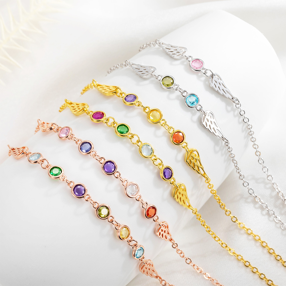 Personalized Dainty Birthstone Angle Wing Bracelet Memorial Remembrance ...