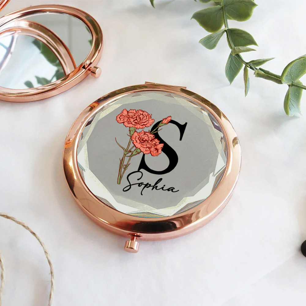 Personalized Watercolor Birth Flower Compact Mirror with Name & Initial ...