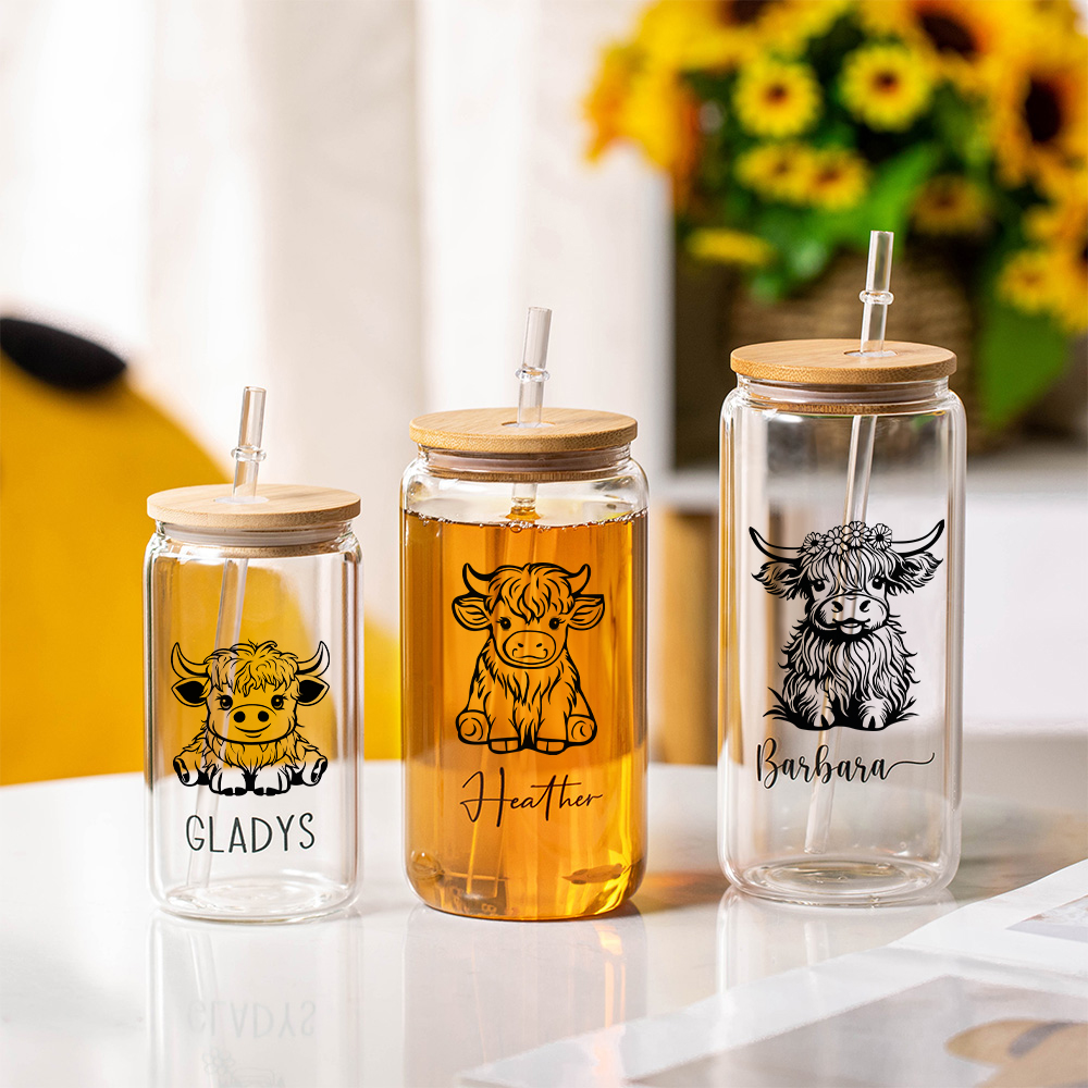 Personalized Highland Cow Clear Can Glass with Name and Straw and Lid ...