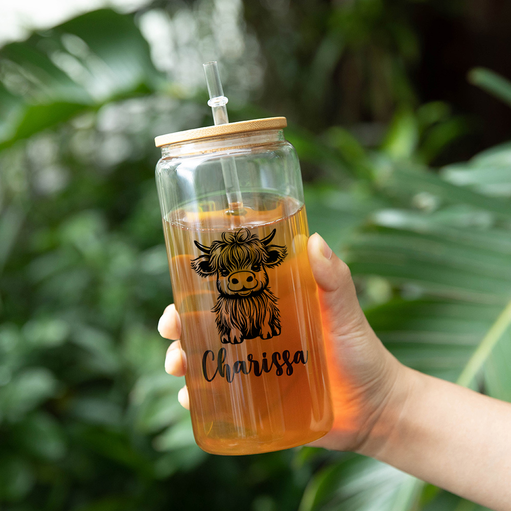 Personalized Highland Cow Clear Can Glass with Name and Straw and Lid ...
