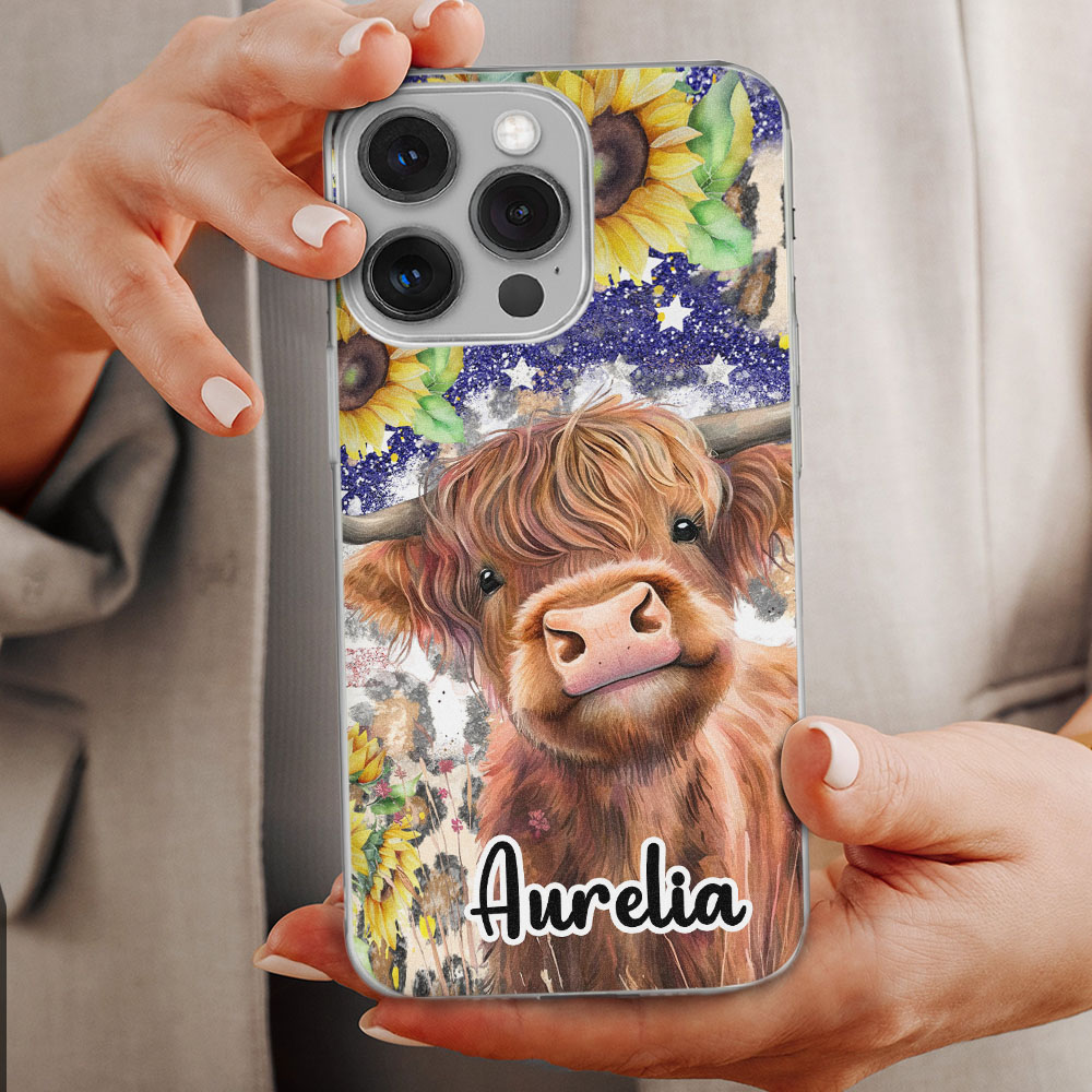 Personalized Sunflower Highland Cow Phone Case for iPhone with Name ...