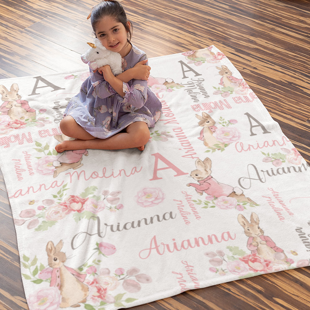 Personalized Peter Rabbit Bunny Floral Blanket with Initial and Name ...
