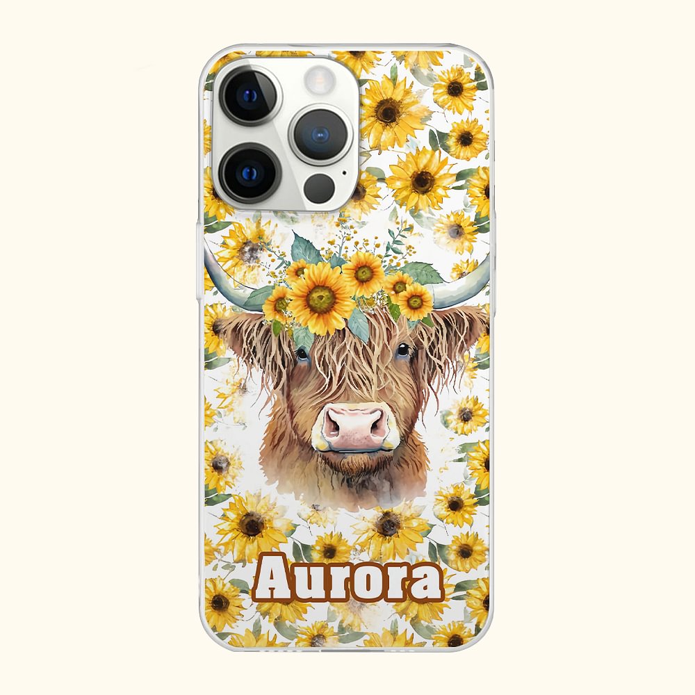 Personalized Sunflower Highland Cow iPhone Case with Name Birthday Gift ...