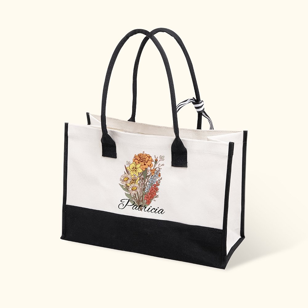 Personalized Beach Tote Bag with Birth Flower Bouquet Beach Tote Bag ...