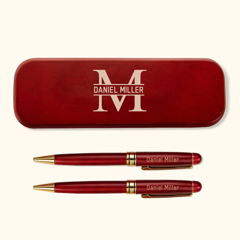 Personalized Wooden Ballpoint Pen Case Set with Engraved Monogram Birthday Graduation Office ...