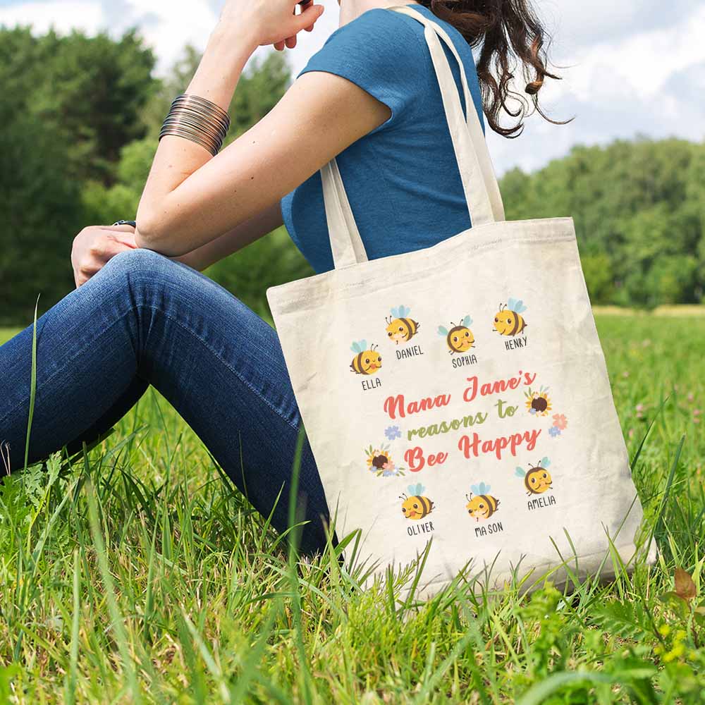 Personalized Bee Happy Canvas Tote Bag with 2-15 Names Mother's Day ...