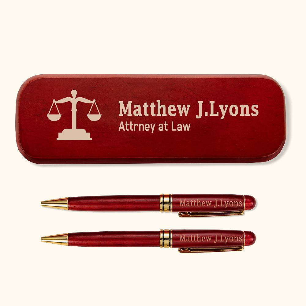 Personalized Wooden Engraved Ballpoint Pen Case Set with Scale of Justice or Judge Gavel Logo ...