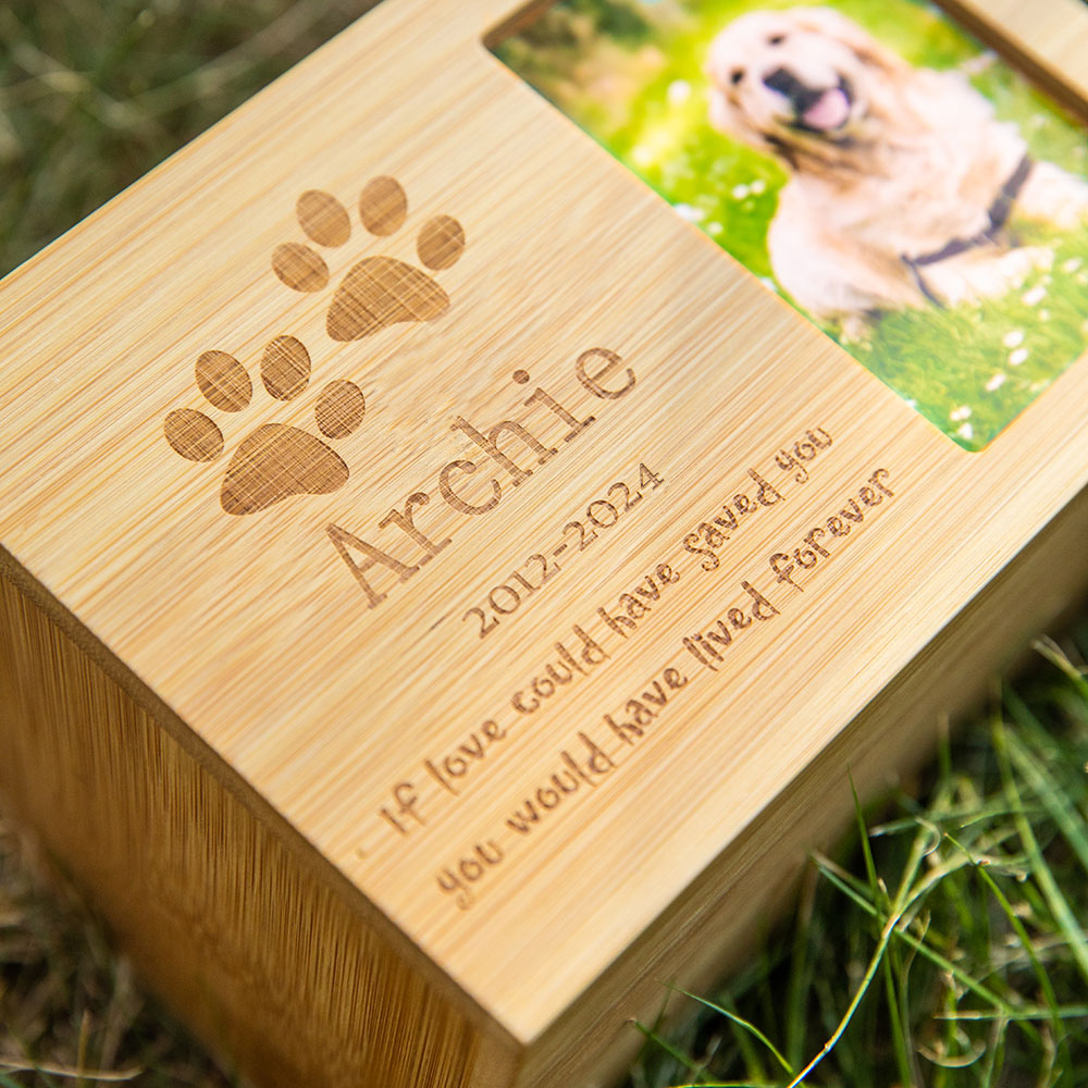 Personalized Paw Print Wooden Pet Cremation Urn Ash Box with Photo and ...