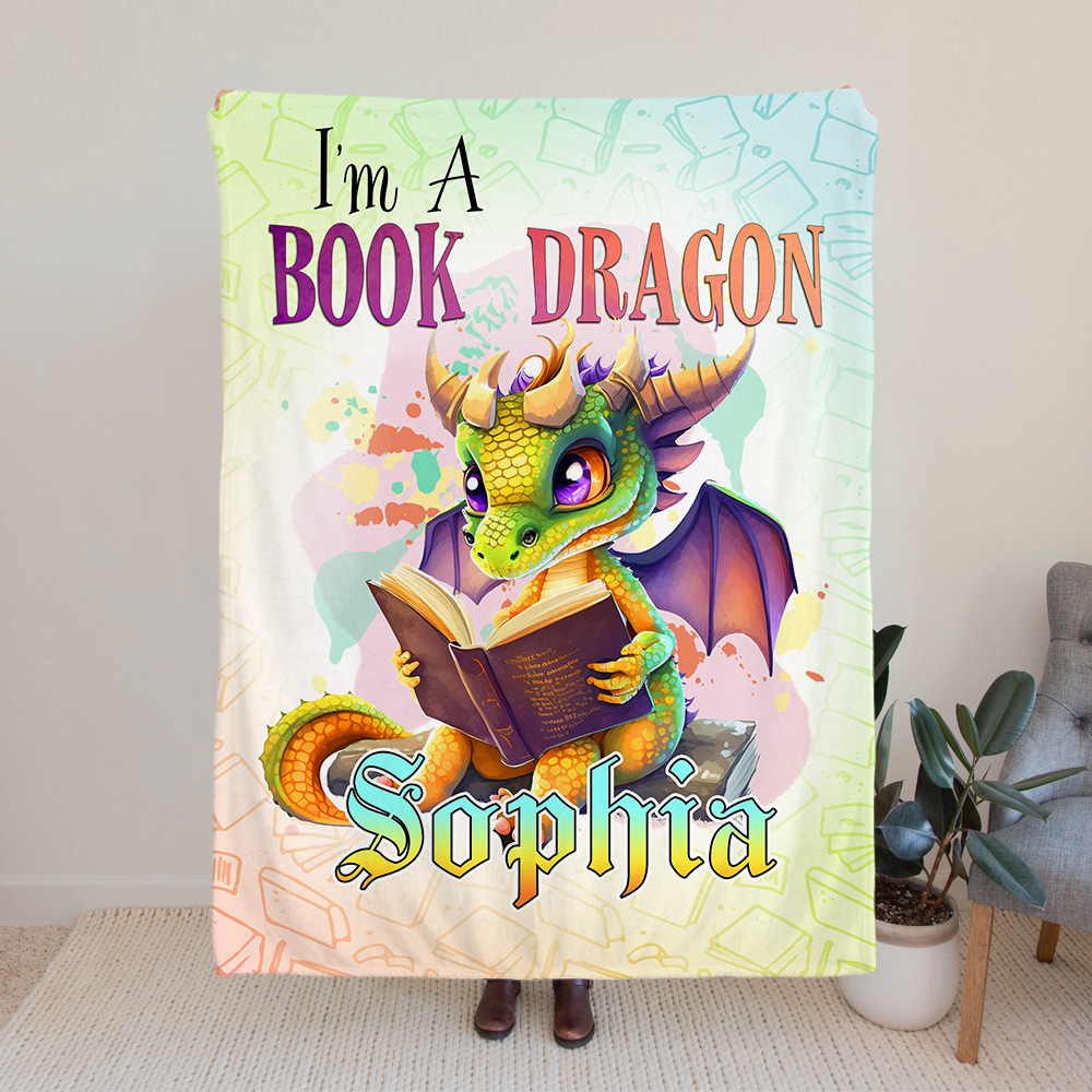 Personalized I Am A Book Dragon Cartoon Soft Blanket with Name Birthday ...