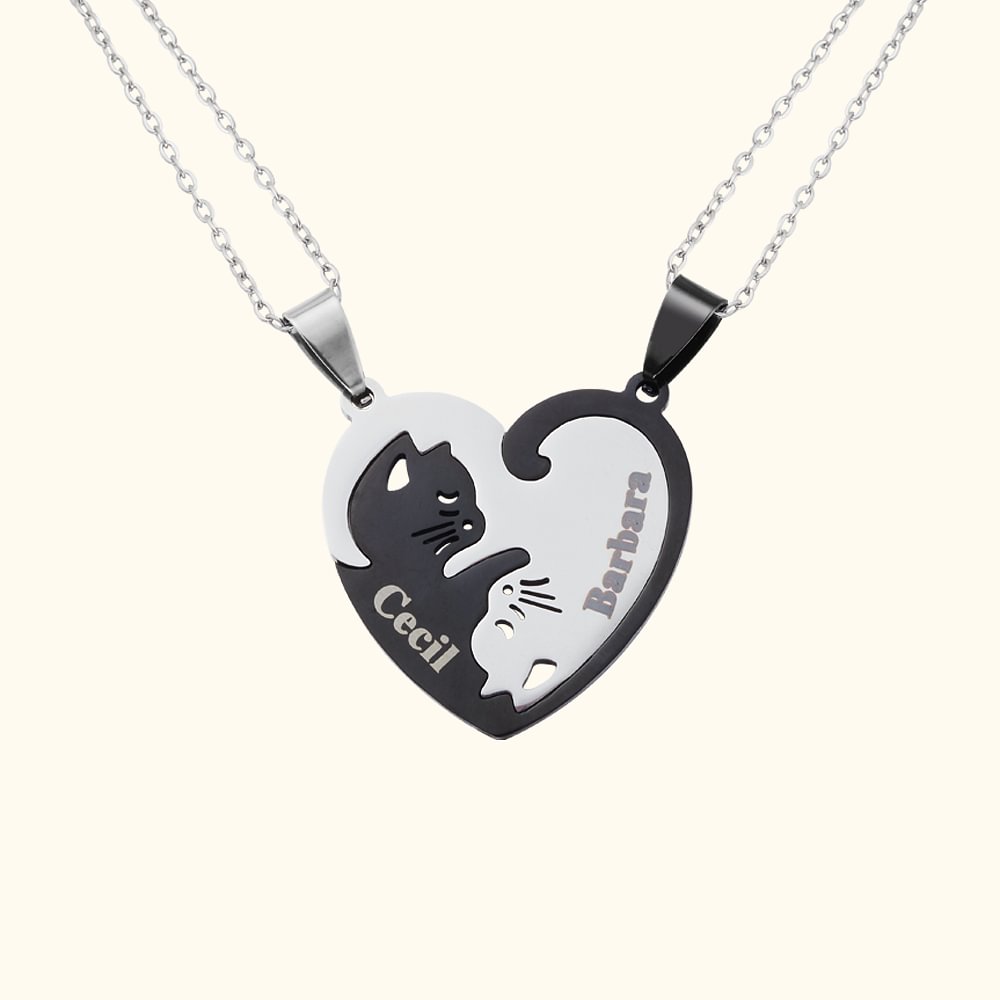 Personalized Two-color Cat Hugging Matching Necklace with Engraved ...