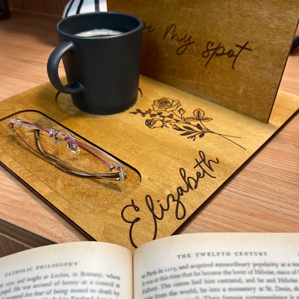 Personalized Engraved Birth Flower Wooden Book Stand Bookmark Set with ...