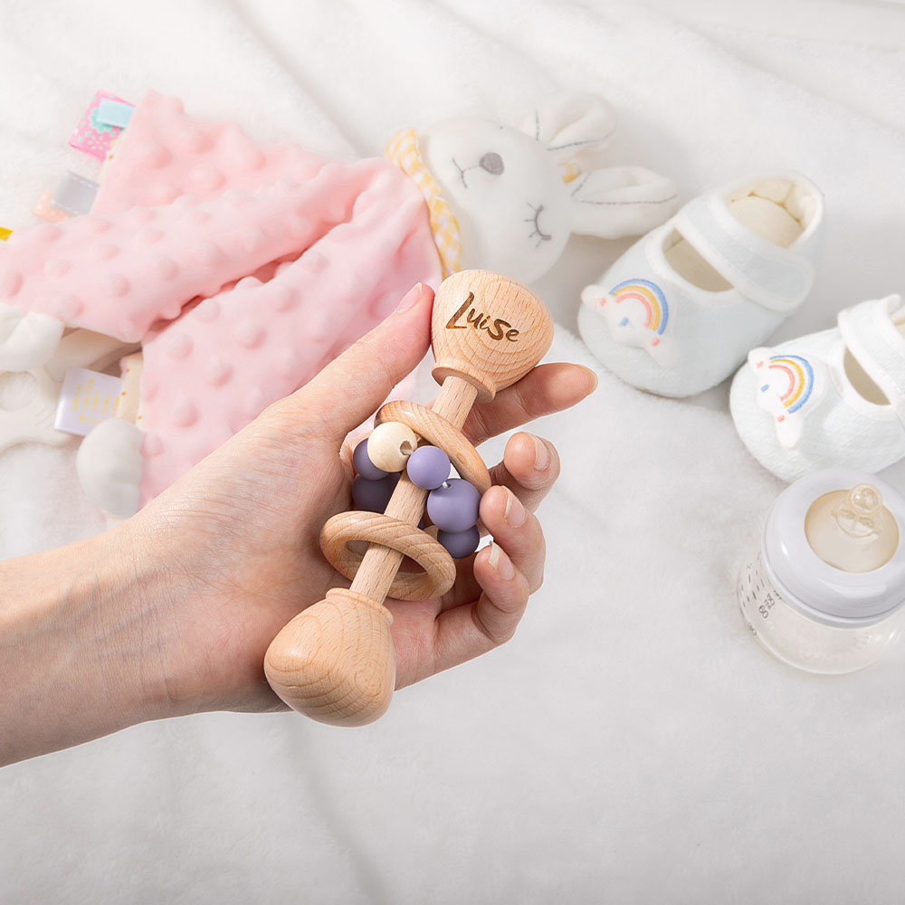 Personalized Baby Wooden Rattle Sensory Toy with Silicone Beads and ...