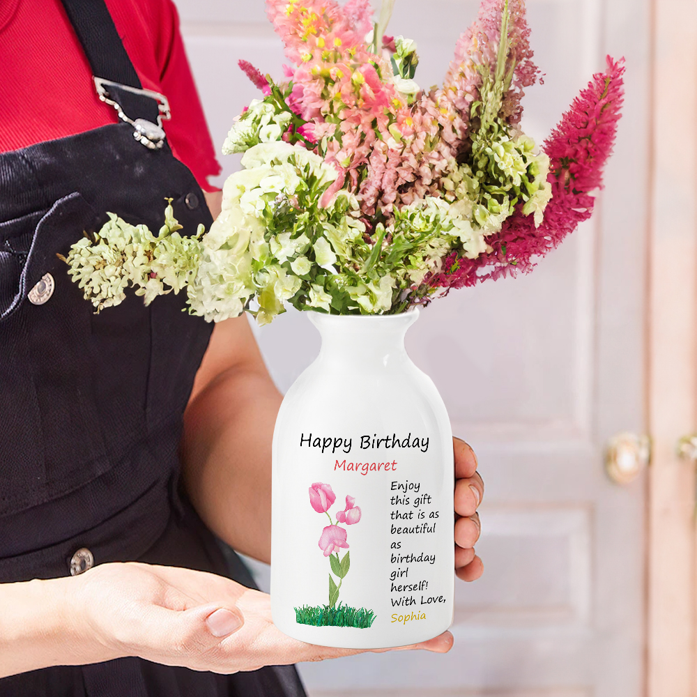 Personalized Happy Birthday Watercolor Birth Flower Ceramic Vase with ...