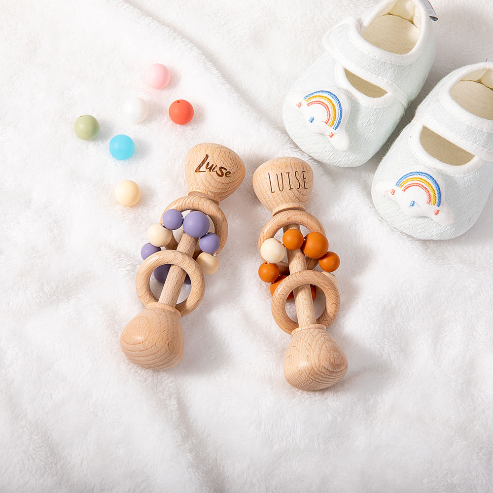 Personalized Baby Wooden Rattle Sensory Toy with Silicone Beads and ...