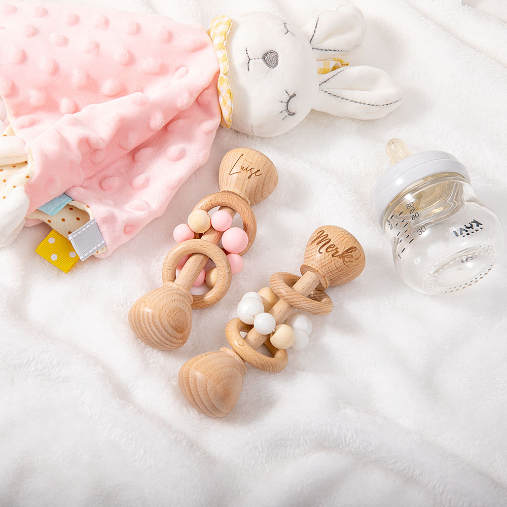 Personalized Baby Wooden Rattle Sensory Toy with Silicone Beads and ...