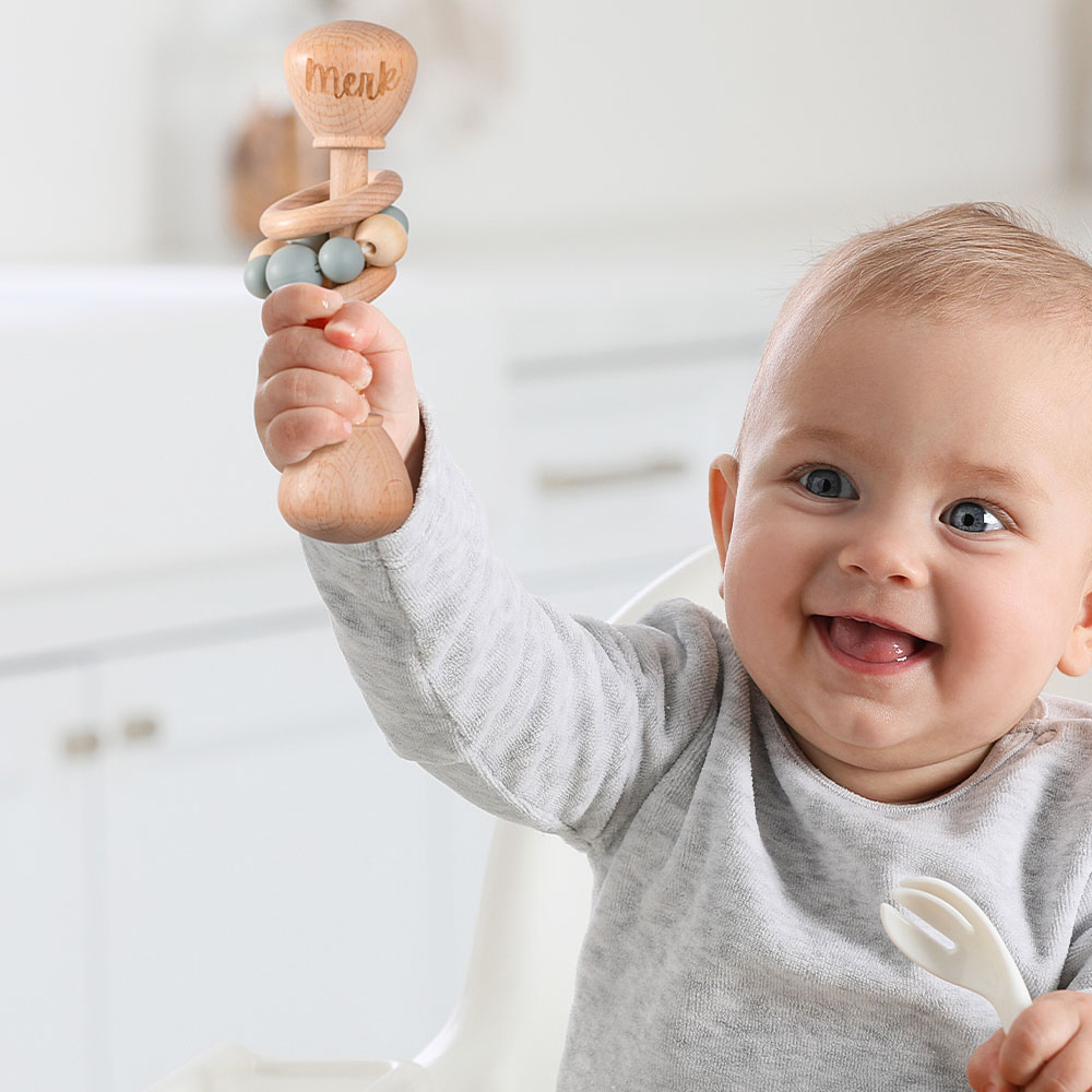 Personalized Baby Wooden Rattle Sensory Toy with Silicone Beads and ...