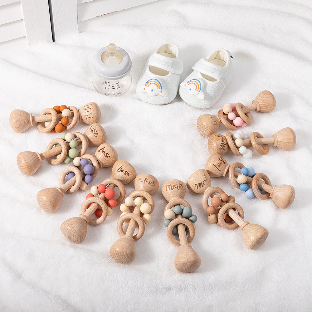 Personalized Baby Wooden Rattle Sensory Toy with Silicone Beads and ...