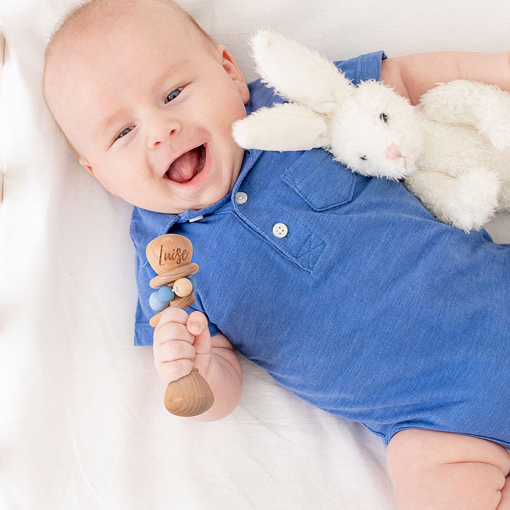 Personalized Baby Wooden Rattle Sensory Toy with Silicone Beads and ...