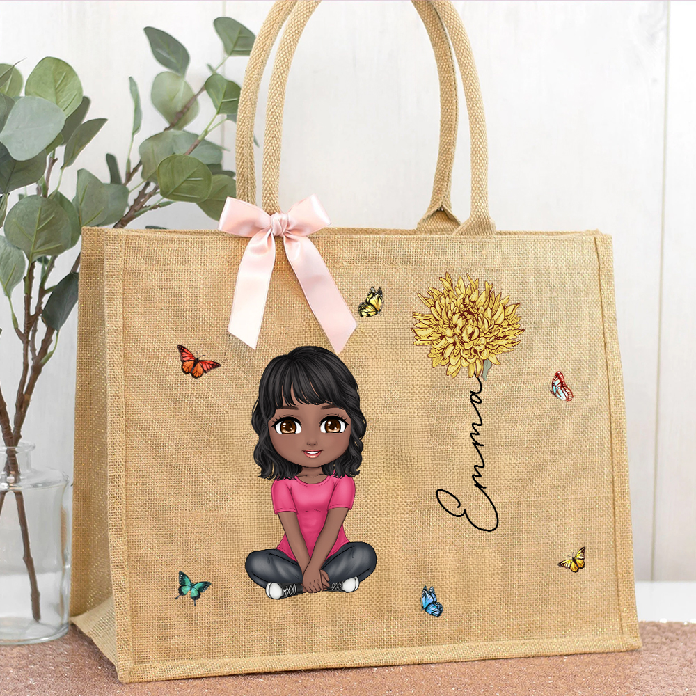 Personalized Cute Cartoon Women Girl Birth Flower Jute Tote Bag with ...