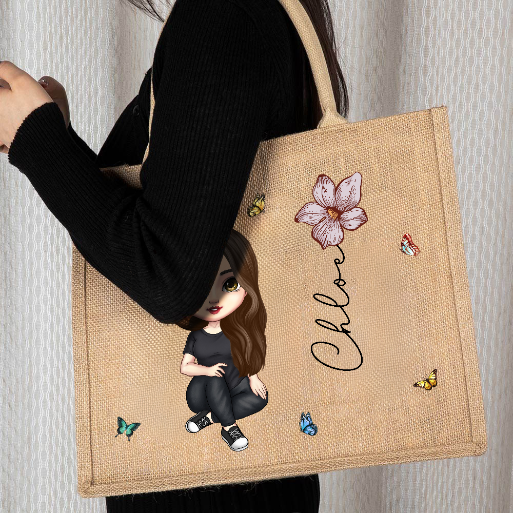 Personalized Cute Cartoon Women Girl Birth Flower Jute Tote Bag with ...