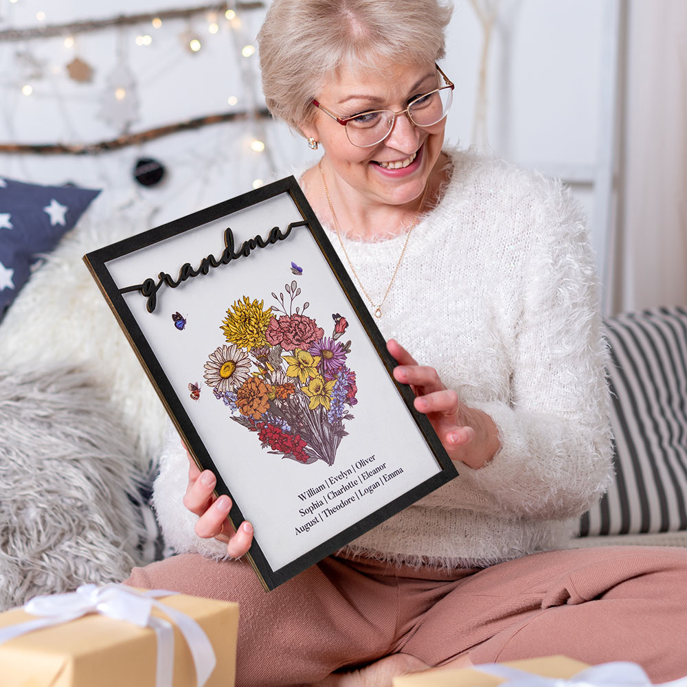 Personalized Wooden Plaque Frame Sign with Birth Flower Bouquet |Callie ...