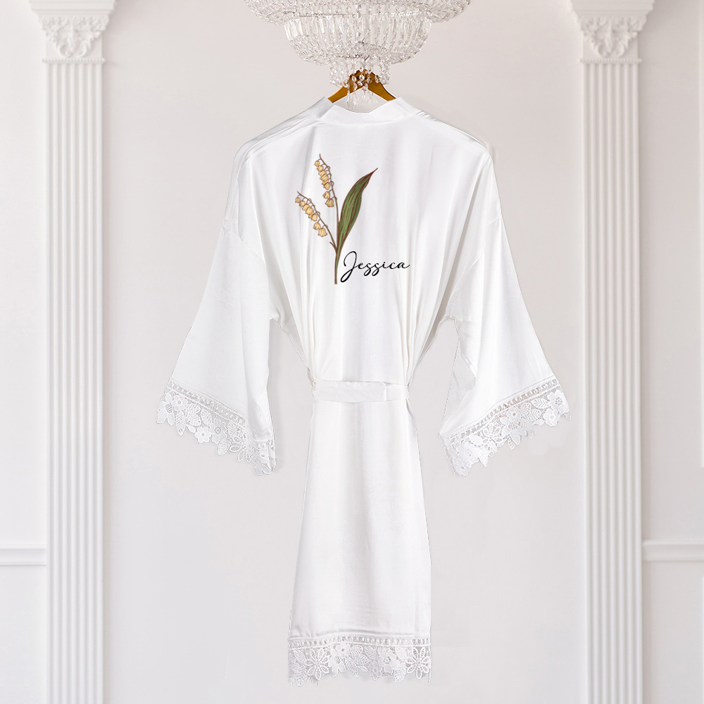 Personalized Watercolor Birth Flower Satin Robe with Lace Trim and Name ...