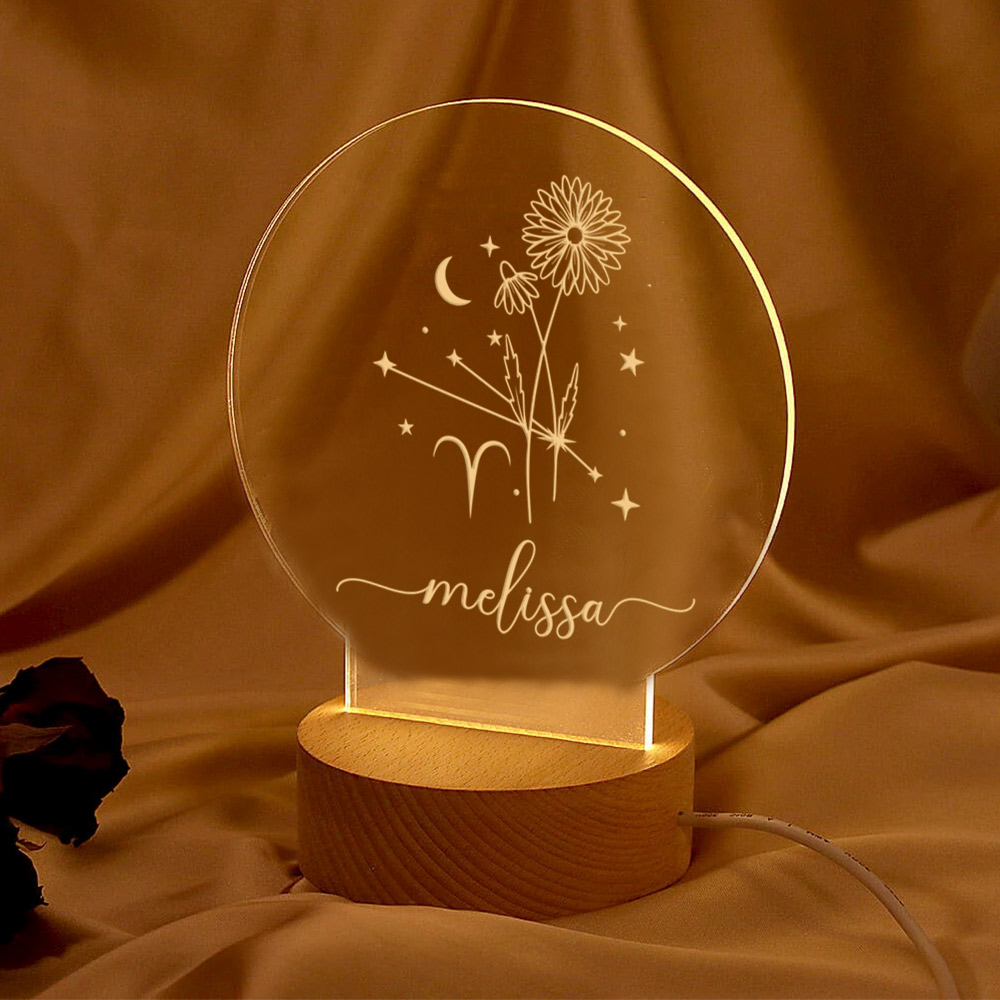 Personalized Birth Flower Zodiac Name LED Night Light with Wood Base ...